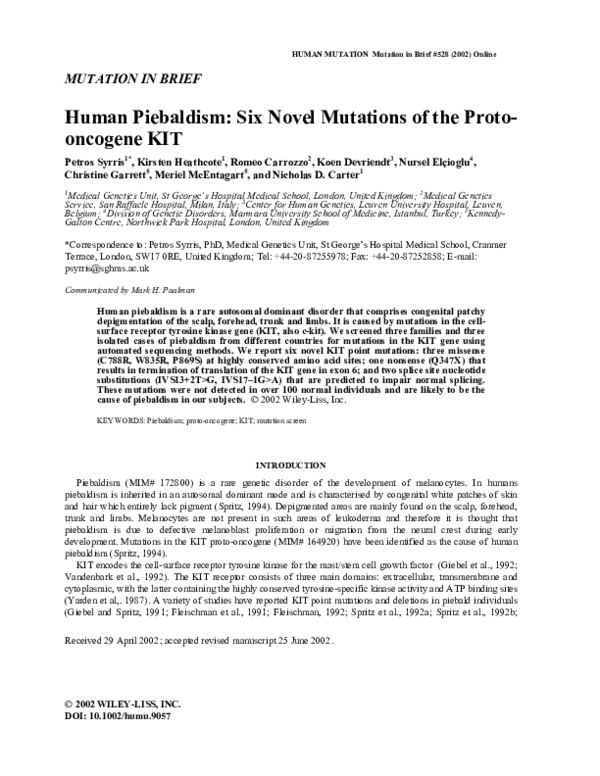 (PDF) Human piebaldism: six novel mutations of the proto-oncogene KIT