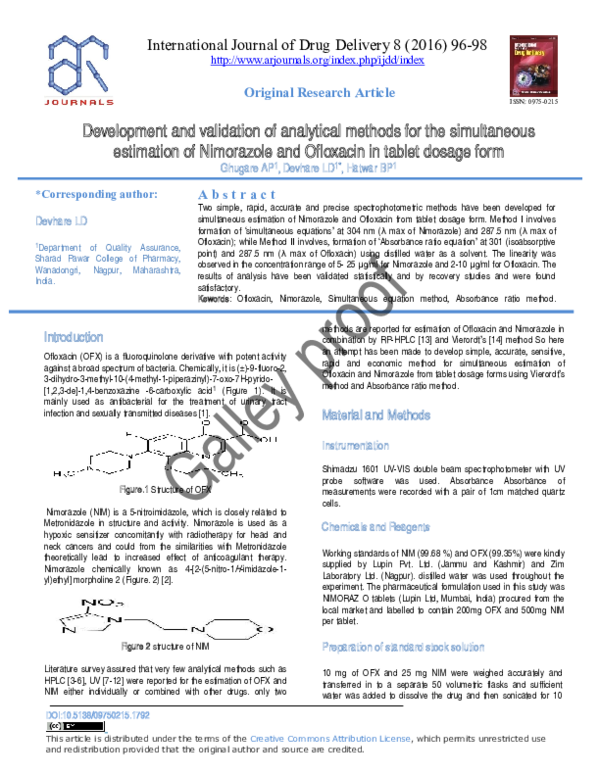 Pdf Development And Validation Of Analytical Methods For The Simultaneous Estimation Of