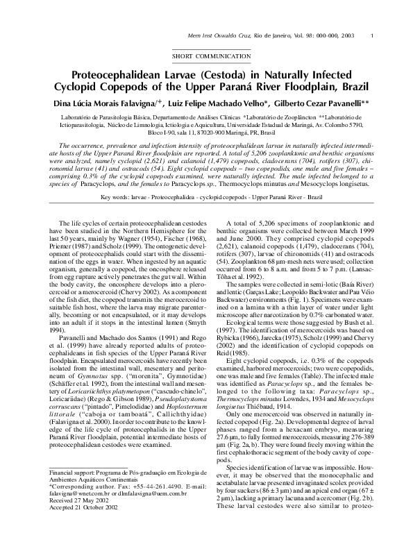 (PDF) Proteocephalidean larvae (Cestoda) in naturally infected cyclopid ...