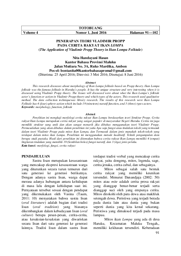 (PDF) PENERAPAN TEORI VLADIMIR PROPP PADA CERITA RAKYAT IKAN LOMPA [The ...