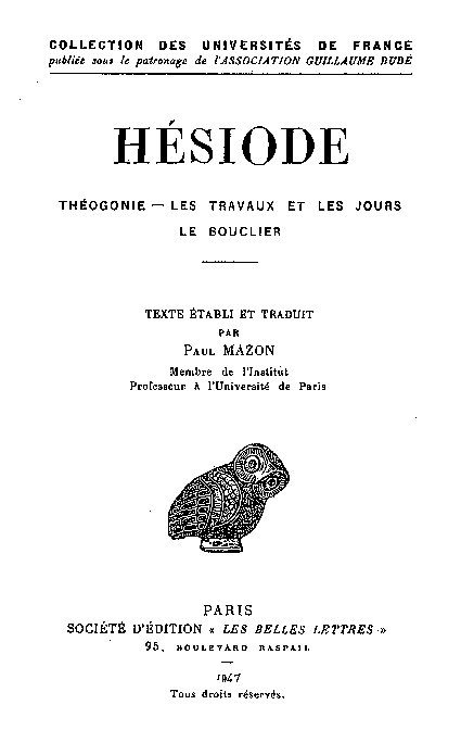 (PDF) Hésiode, Théogonie. Les travaux et les jours. Le bouclier [ed. et ...