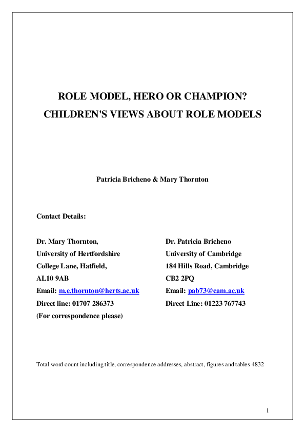(PDF) 1 ROLE MODEL, HERO OR CHAMPION? CHILDREN'S VIEWS ABOUT ROLE MODELS
