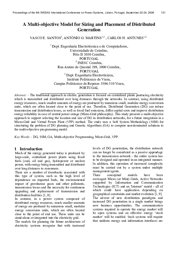 (PDF) A Multi-Objective Model for Sizing and Placement of Distributed Generation