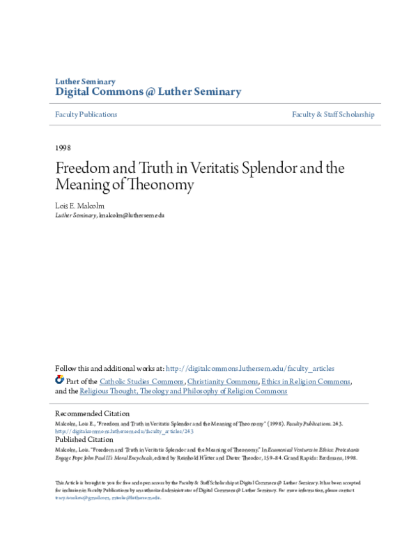 (PDF) Freedom and Truth in Veritatis Splendor and the Meaning of Theonomy