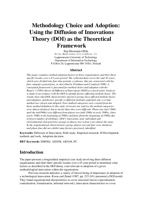 (PDF) Methodology Choice and Adoption : Using the Diffusion of Innovations Theory ( DOI ) as the ...
