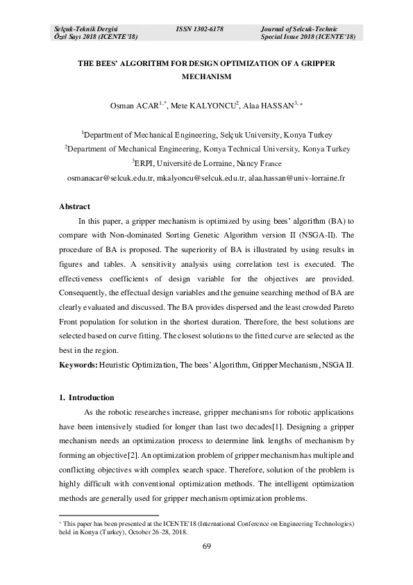 (PDF) The Bees’ Algorithm for Design Optimization of a Gripper Mechanism