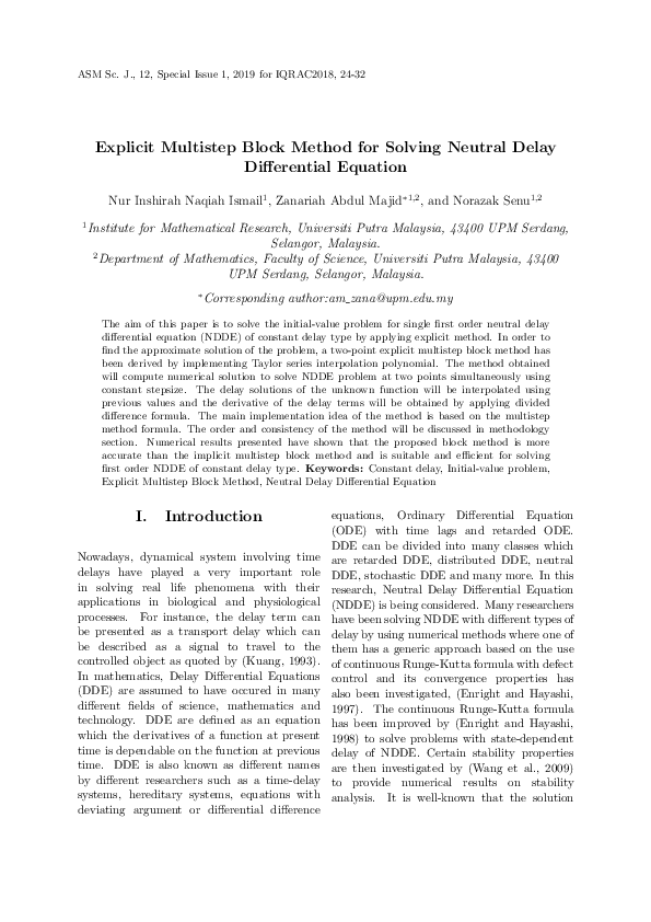 (PDF) Explicit Multistep Block Method for Solving Neutral Delay Differential Equation
