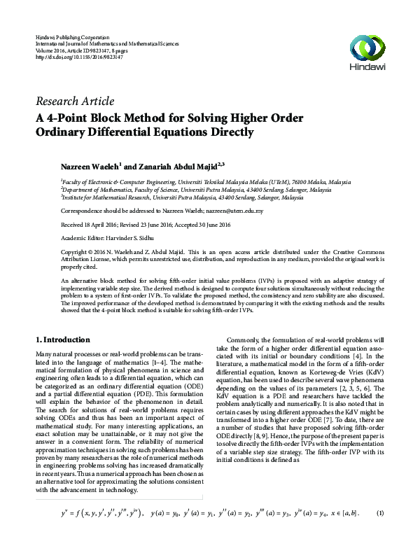 Pdf A 4 Point Block Method For Solving Higher Order Ordinary Differential Equations Directly