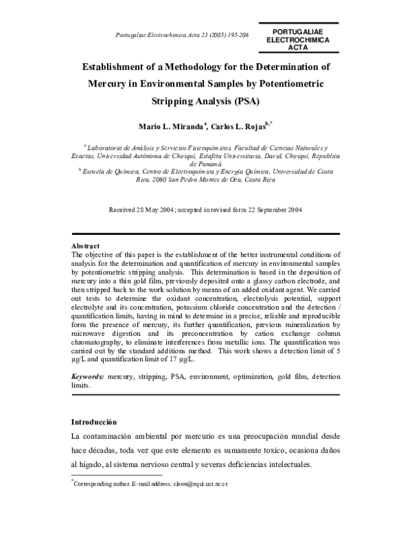 (PDF) Establishment of a Methodology for the Determination of Mercury ...