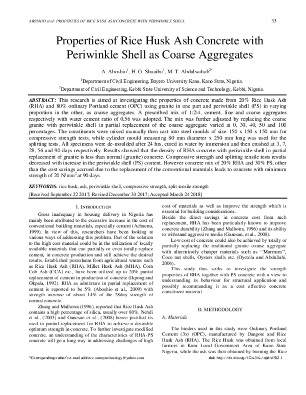 (PDF) Properties of rice husk ash concrete with periwinkle shell as ...