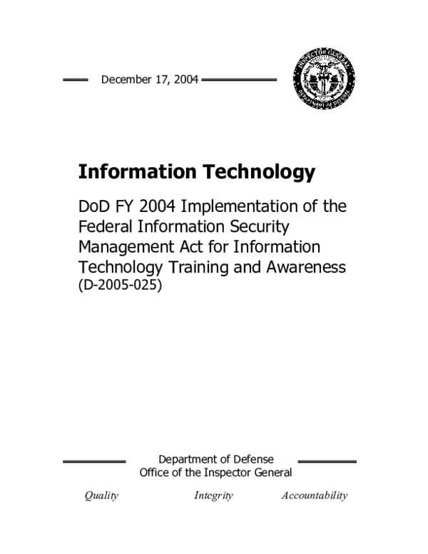 (PDF) Information Technology: DoD FY 2004 Implementation of the Federal ...