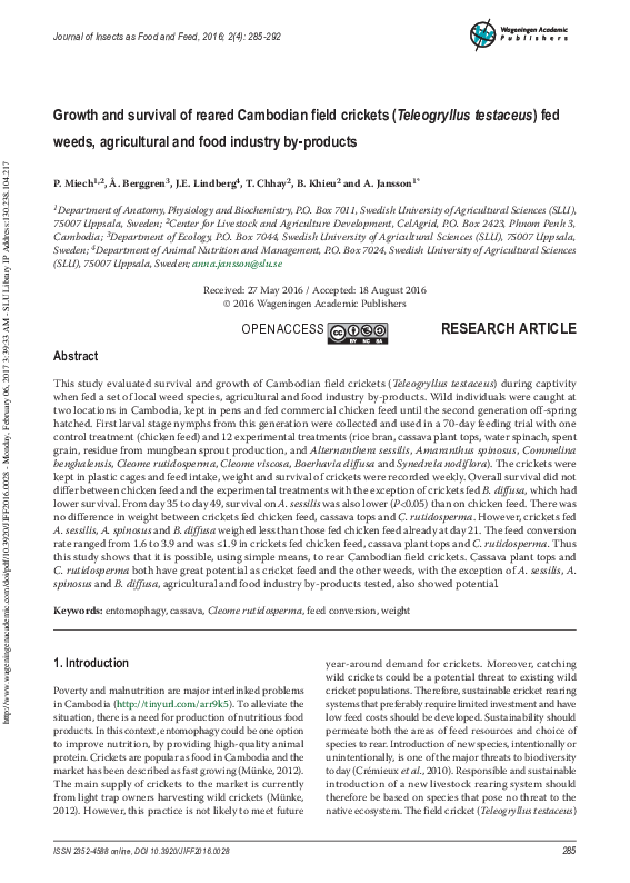 (PDF) Growth and survival of reared Cambodian field crickets ...