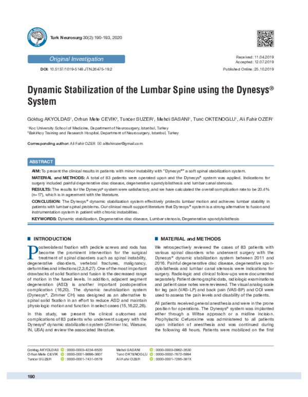(PDF) Dynamic stabilization of the lumbar spine using the dynesys system