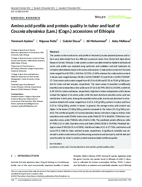 (PDF) Amino acid profile and protein quality in tuber and leaf of ...