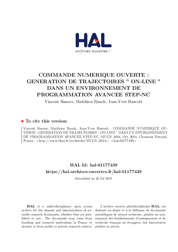 (PDF) Commande Numerique Ouverte : Generation De Trajectoires « On-Line » Dans Un Environnement ...