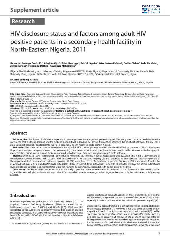 (PDF) HIV Disclosure Status and Factors among Adult HIV Positive ...