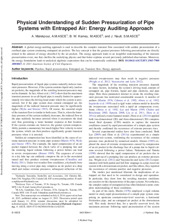 (PDF) Physical Understanding of Sudden Pressurization of Pipe Systems with Entrapped Air: Energy ...