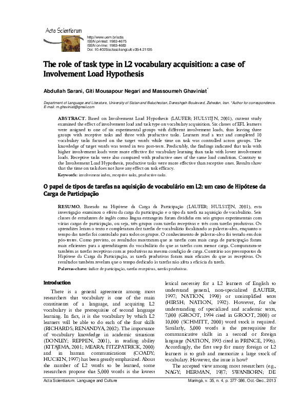 (PDF) The role of task type in L2 vocabulary acquisition: a case of Involvement Load Hypothesis