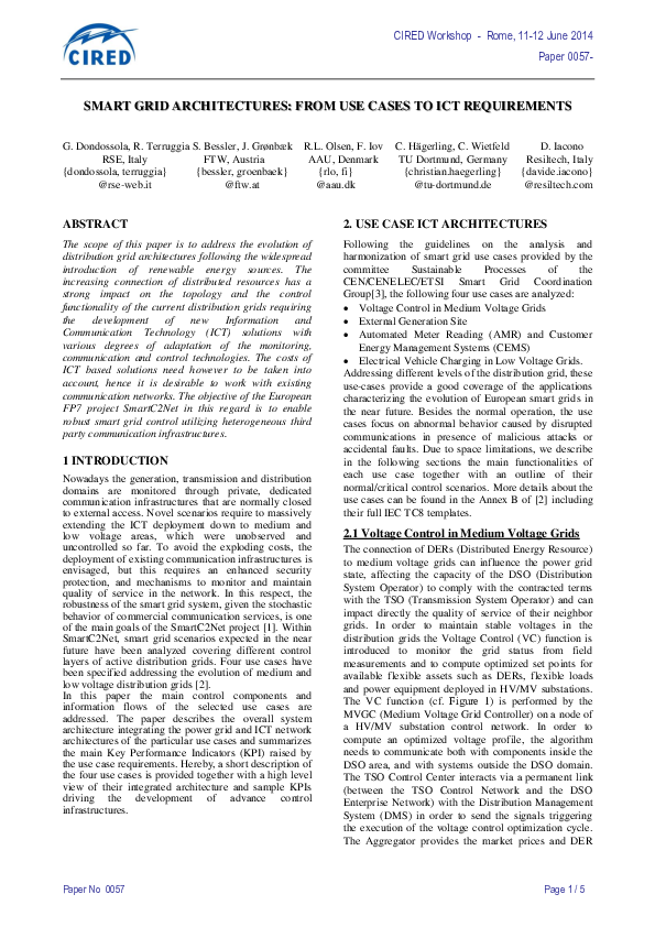 Pdf Smart Grid Architectures From Use Cases To Ict Requirements