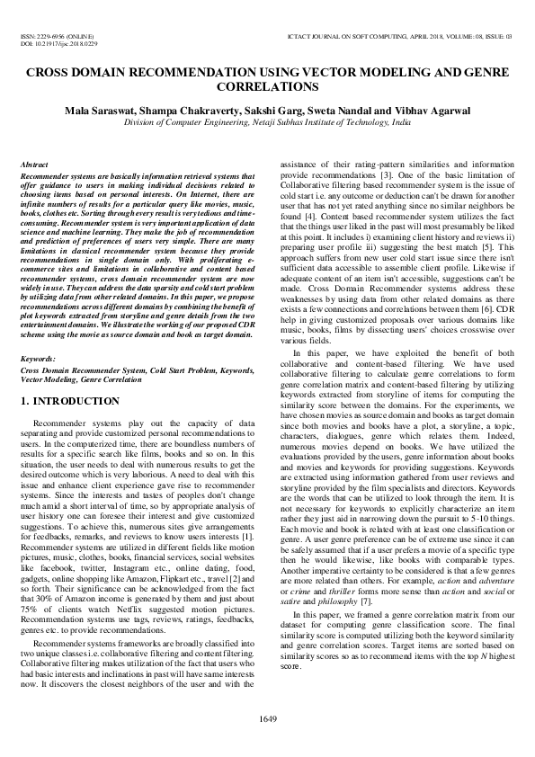 Pdf Cross Domain Recommendation Using Vector Modeling And Genre