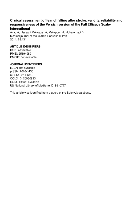 (PDF) Clinical assessment of fear of falling after stroke: validity ...
