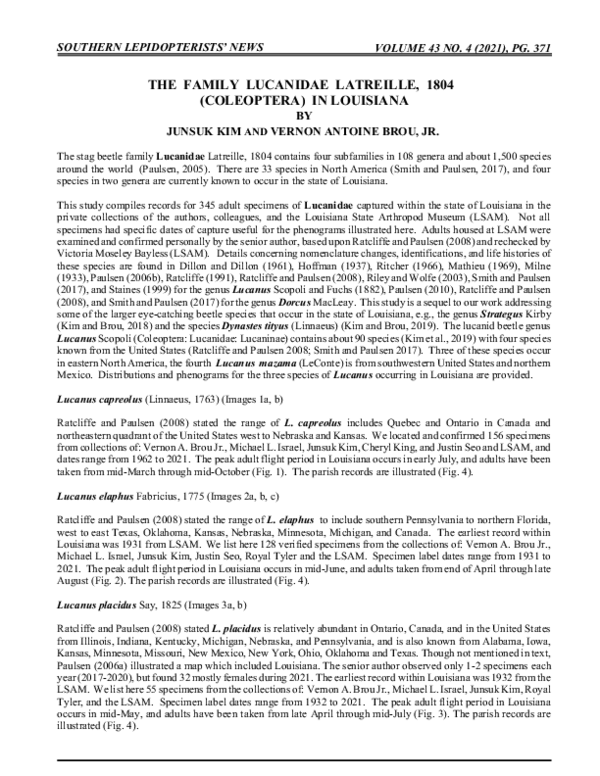 (PDF) THE FAMILY LUCANIDAE LATREILLE, 1804 (COLEOPTERA) IN LOUISIANA