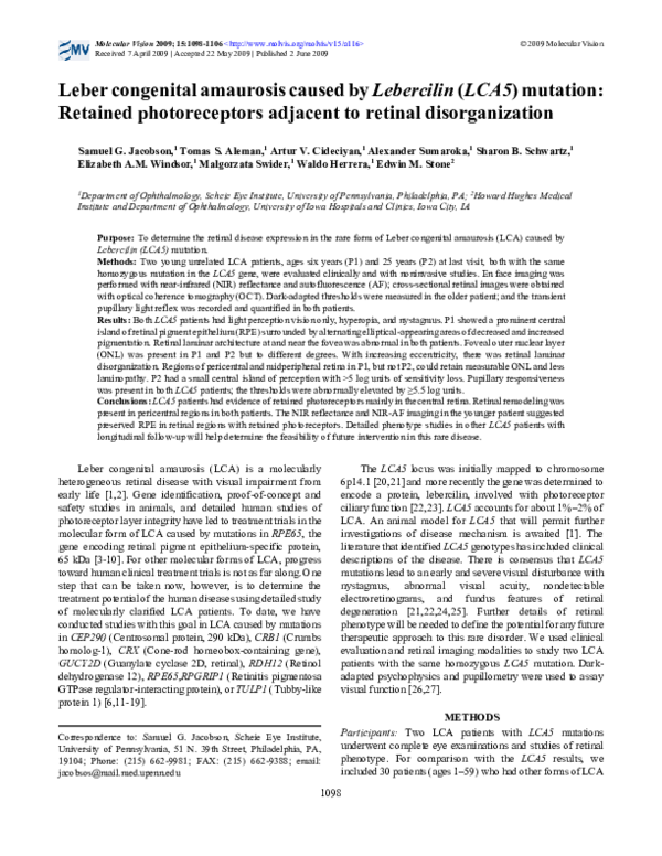 (PDF) Leber congenital amaurosis caused by Lebercilin (LCA5) mutation ...