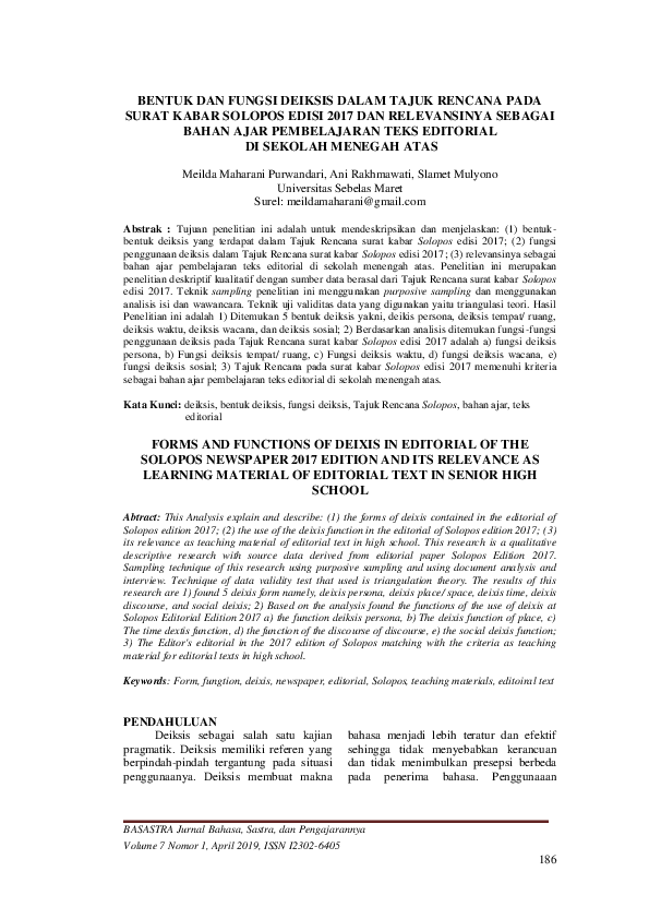 (PDF) Bentuk Dan Fungsi Deiksis Dalam Tajuk Rencana Pada Surat Kabar Solopos Edisi 2017 Dan ...