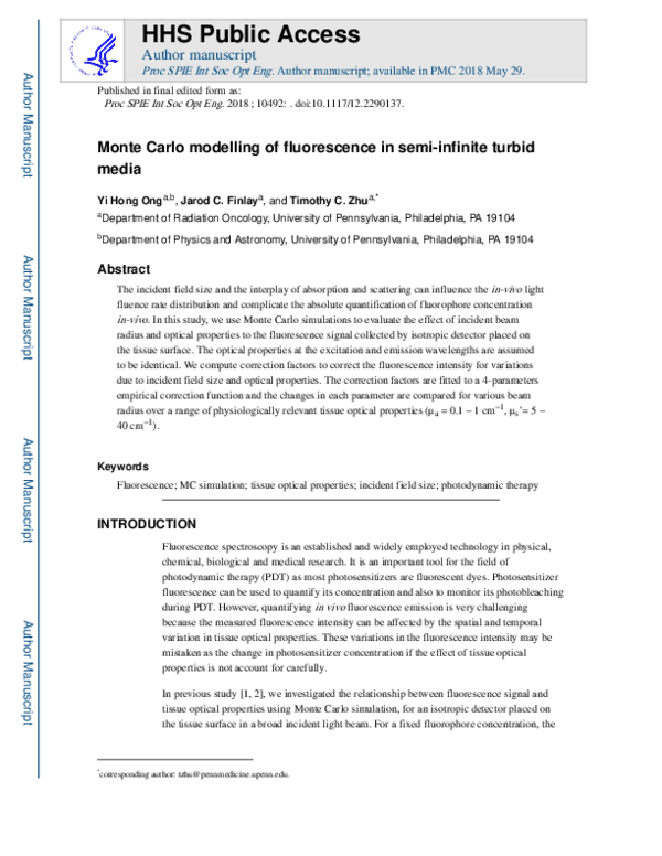 (PDF) Monte Carlo modeling of fluorescence in semi-infinite turbid media