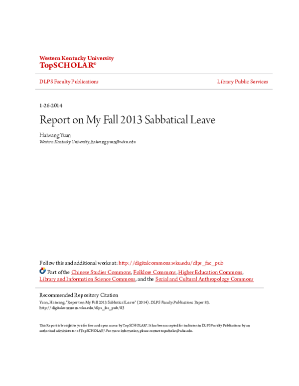 (PDF) Report on My Fall 2013 Sabbatical Leave