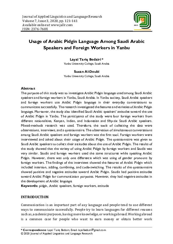(PDF) Usage of Arabic Pidgin Language Among Saudi Arabic Speakers and ...
