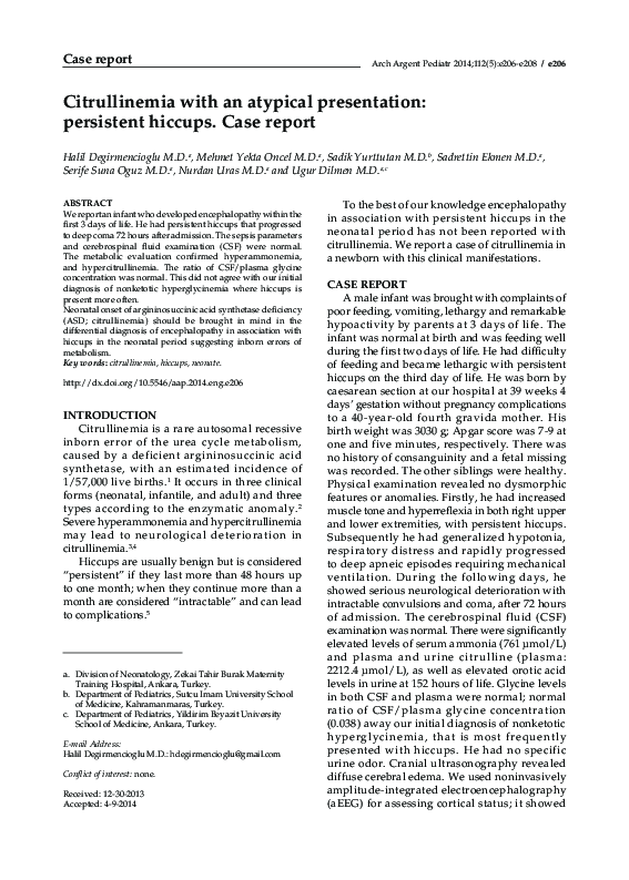 (PDF) Citrullinemia with an atypical presentation: persistent hiccups ...