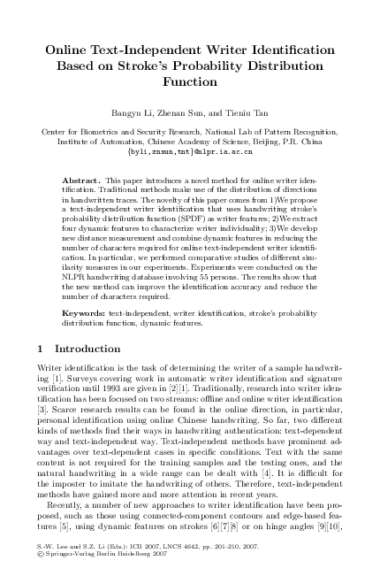 Pdf Online Text Independent Writer Identification Using Character Prototypes Distribution