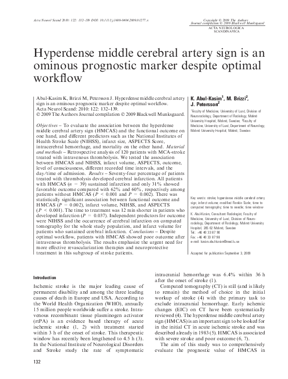 (PDF) Hyperdense middle cerebral artery sign is an ominous prognostic ...