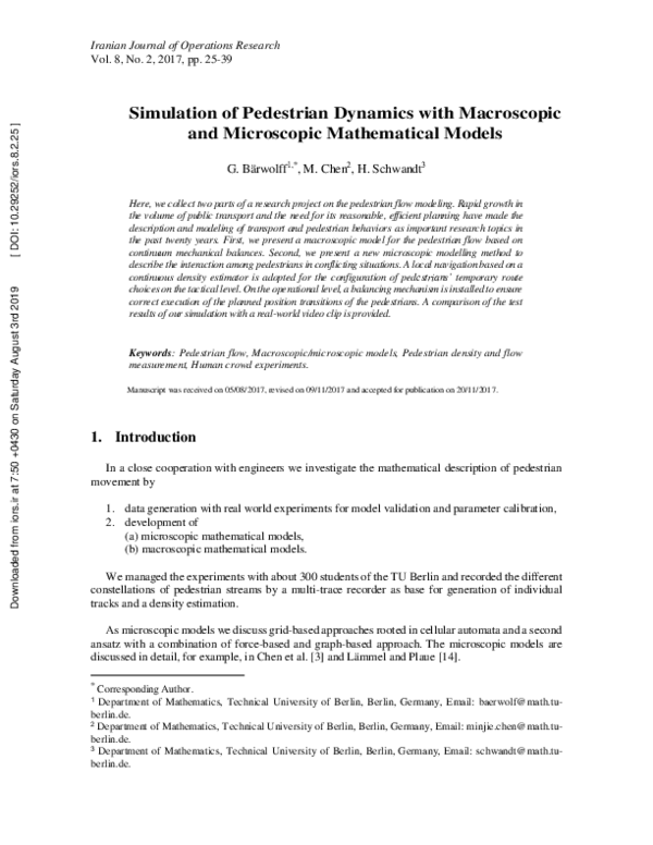 (PDF) Simulation of Pedestrian Dynamics with Macroscopic and Microscopic Mathematical Models