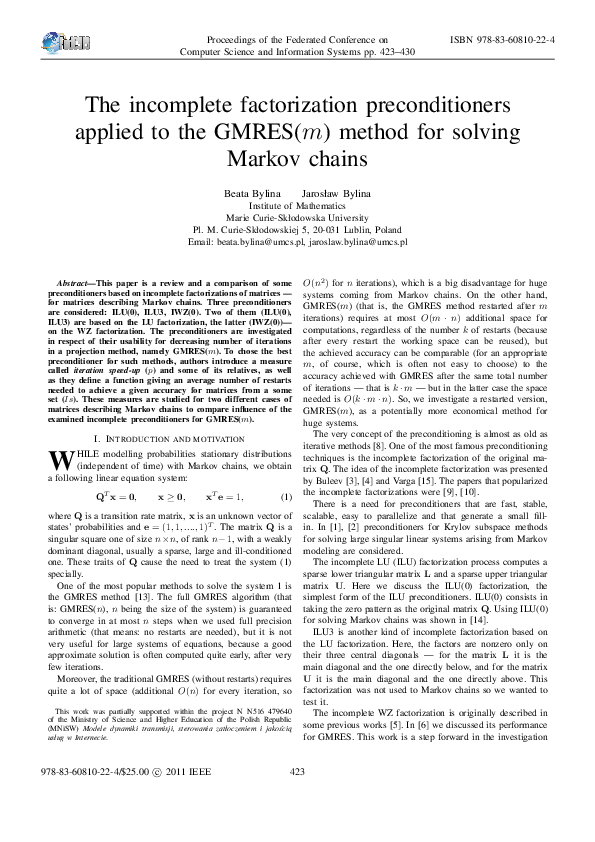 (PDF) The incomplete factorization preconditioners applied to the GMRES(m) method for solving ...