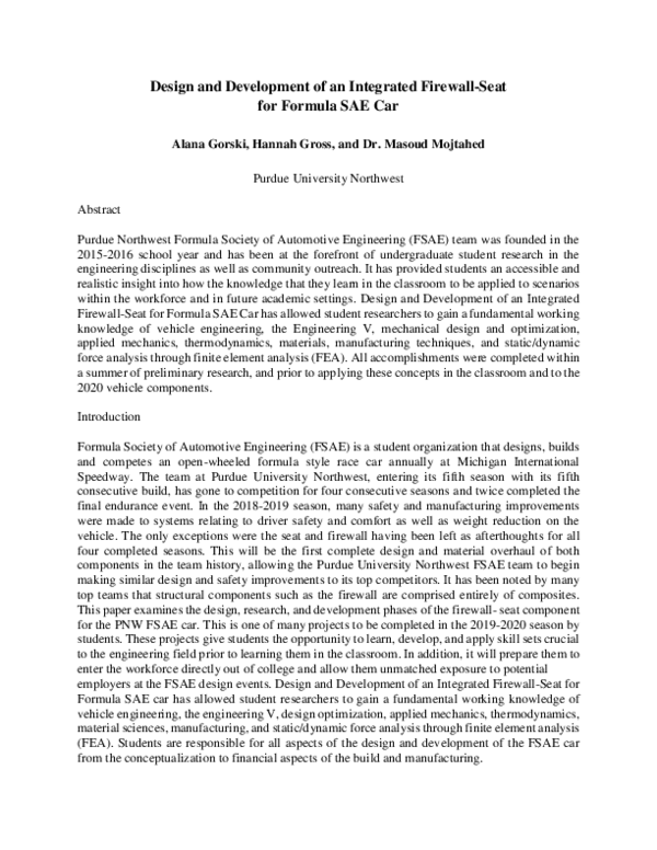 (PDF) Design and Development of an Integrated Firewall-Seat for Formula ...