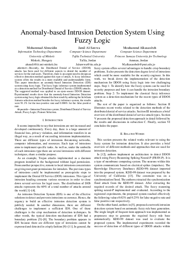 Pdf Anomaly Based Intrusion Detection System Using Fuzzy Logic