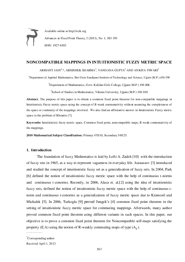 (PDF) Noncompatible mappings in intuitionistic fuzzy metric space
