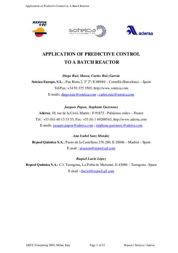 Pdf Application Of Predictive Control To A Batch Reactor