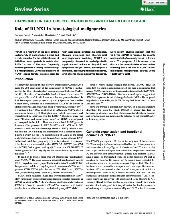 (PDF) Role of RUNX1 in hematological malignancies