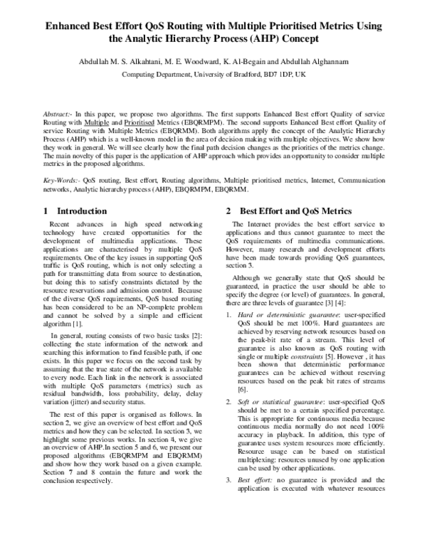 Pdf Enhanced Best Effort Qos Routing With Multiple Prioritised Metrics Using The Analytic