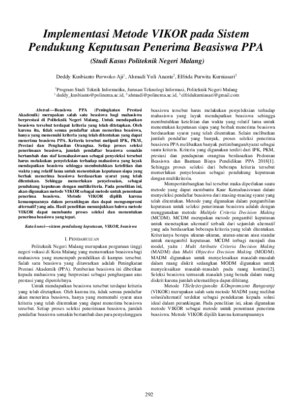 (PDF) Implementasi Metode VIKOR pada Sistem Pendukung Keputusan Penerima Beasiswa PPA (Studi ...
