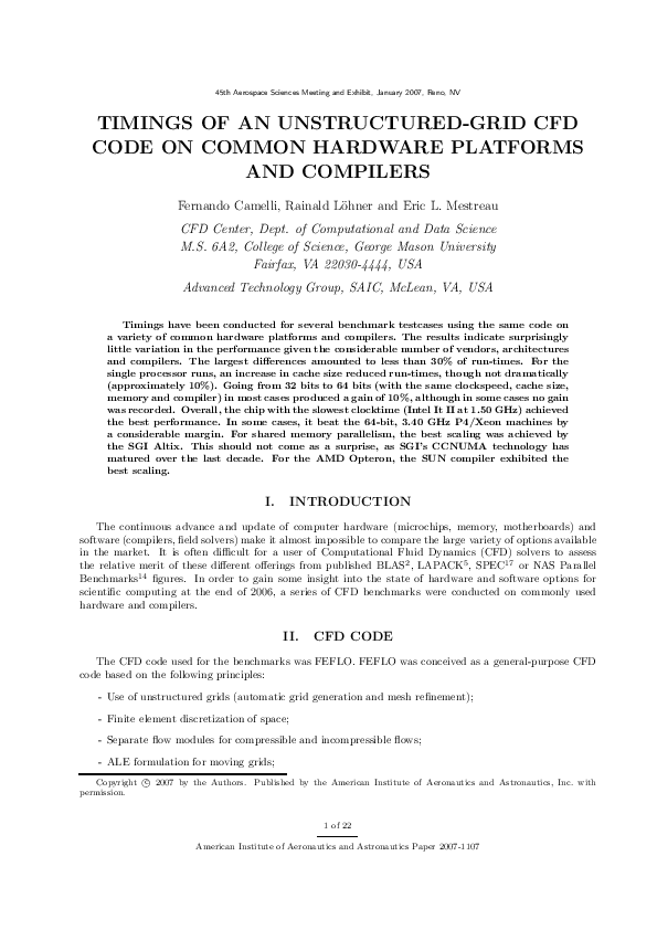 Pdf Timings Of An Unstructured Grid Cfd Code On Common Hardware