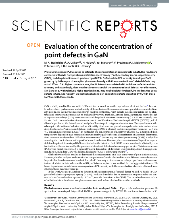 (PDF) Evaluation of the concentration of point defects in GaN