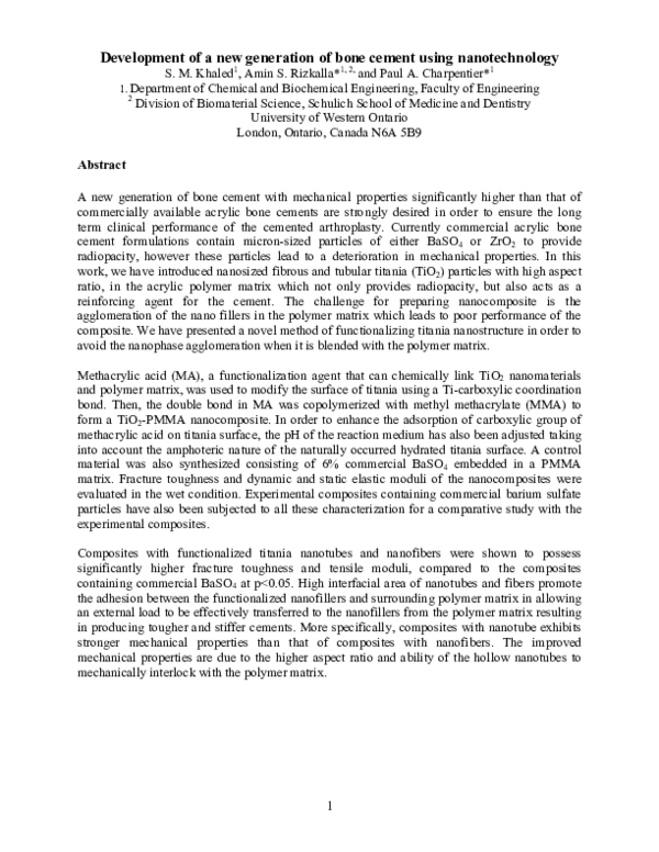 (PDF) 1 Development of a new generation of bone cement using nanotechnology