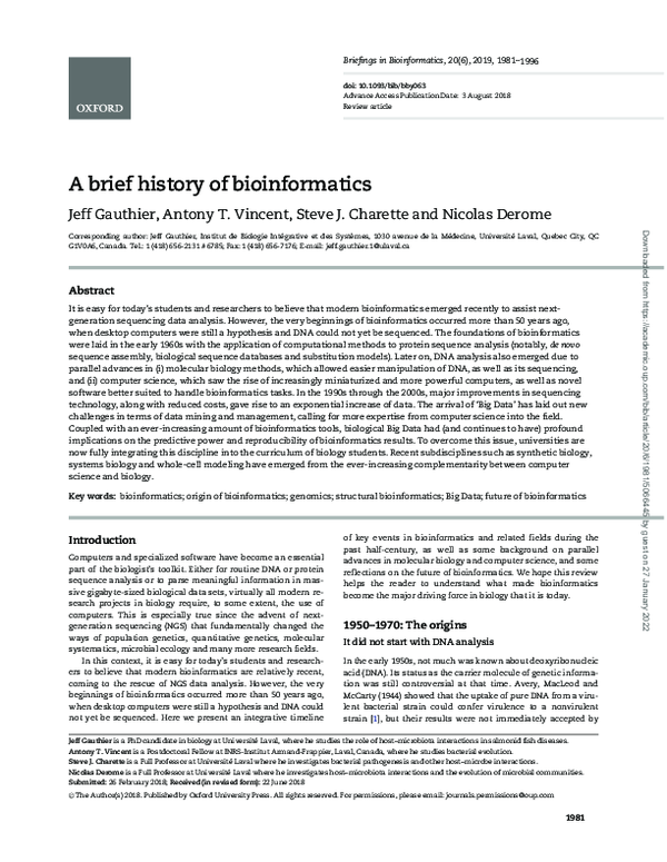 (PDF) A brief history of bioinformatics