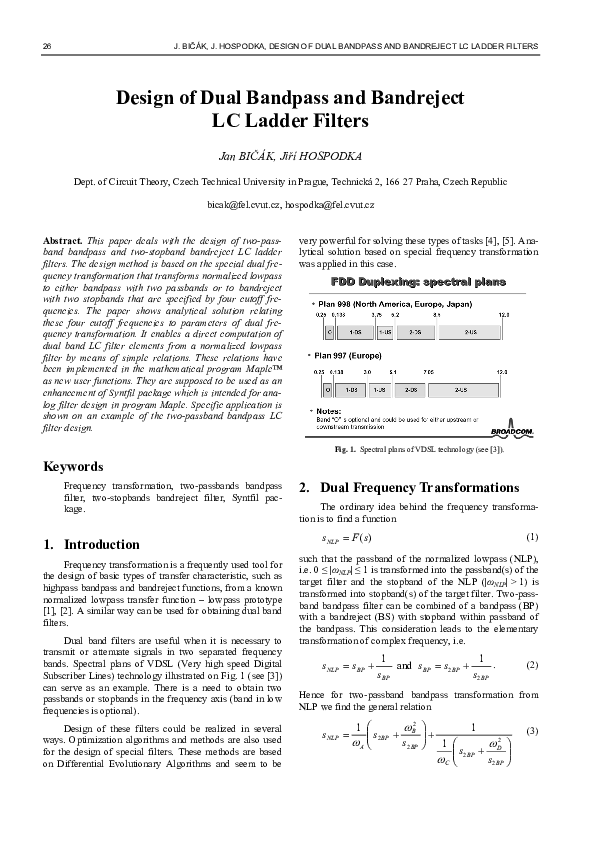 (PDF) Design of Dual Bandpass and Bandreject LC Ladder Filters