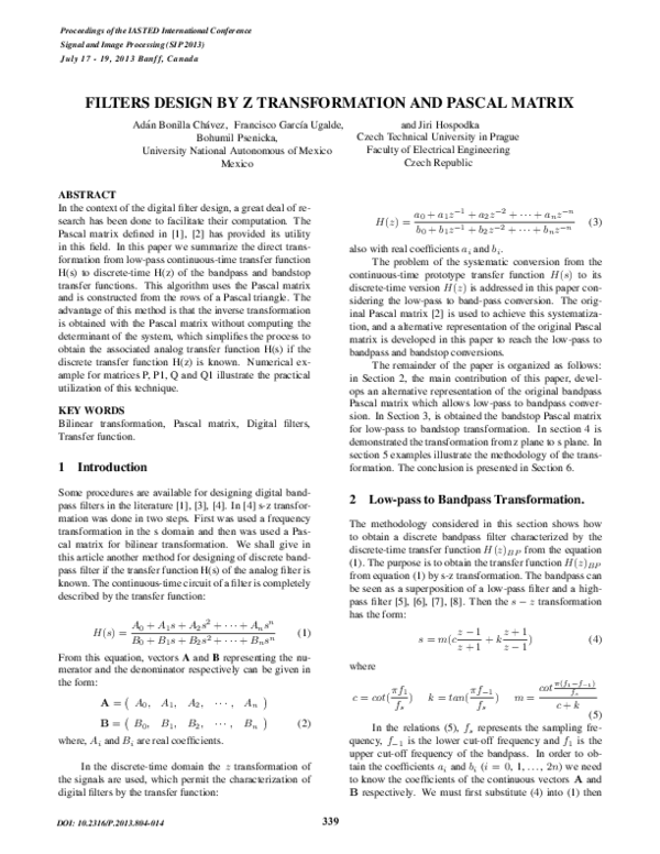 (PDF) Filters Design by Z Transformation and Pascal Matrix