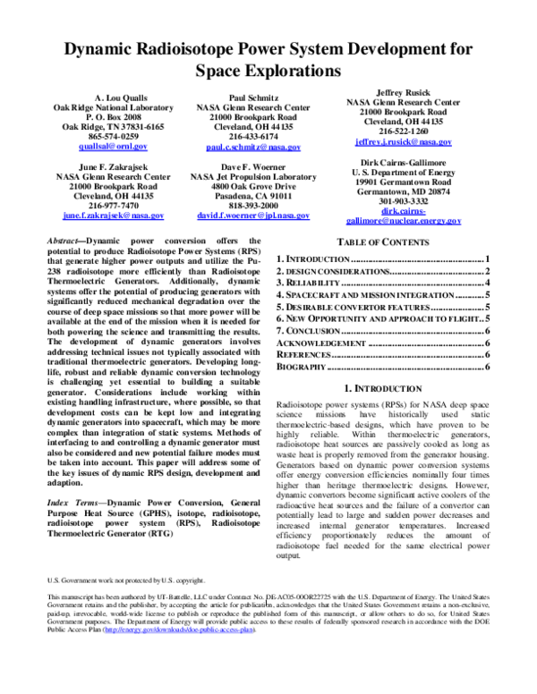 (PDF) Dynamic Radioisotope Power System development for space exploration